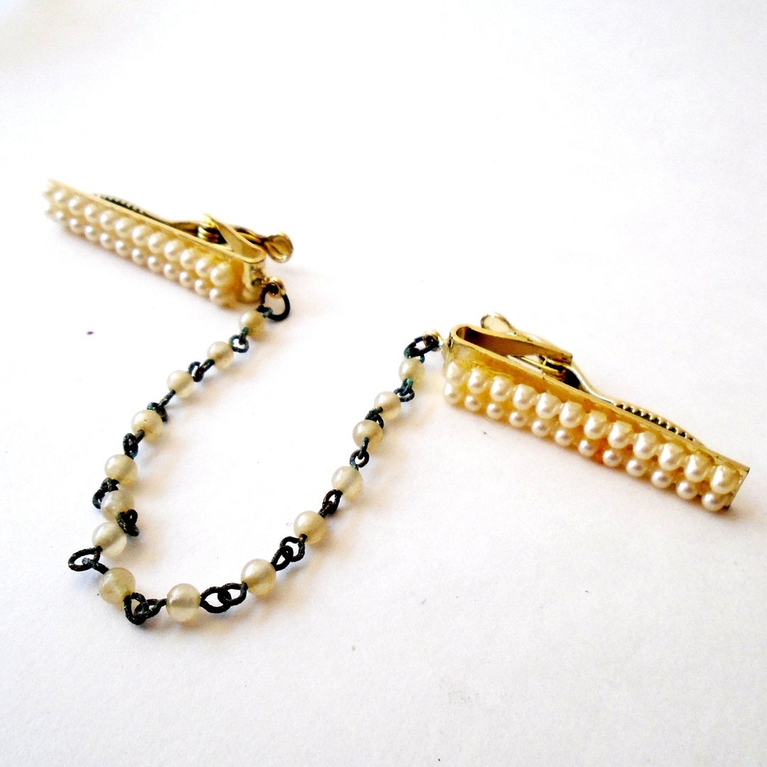 Vintage Gold Sweater Guard, Pearl Chain Sweater Clips, 1950's Gold ...