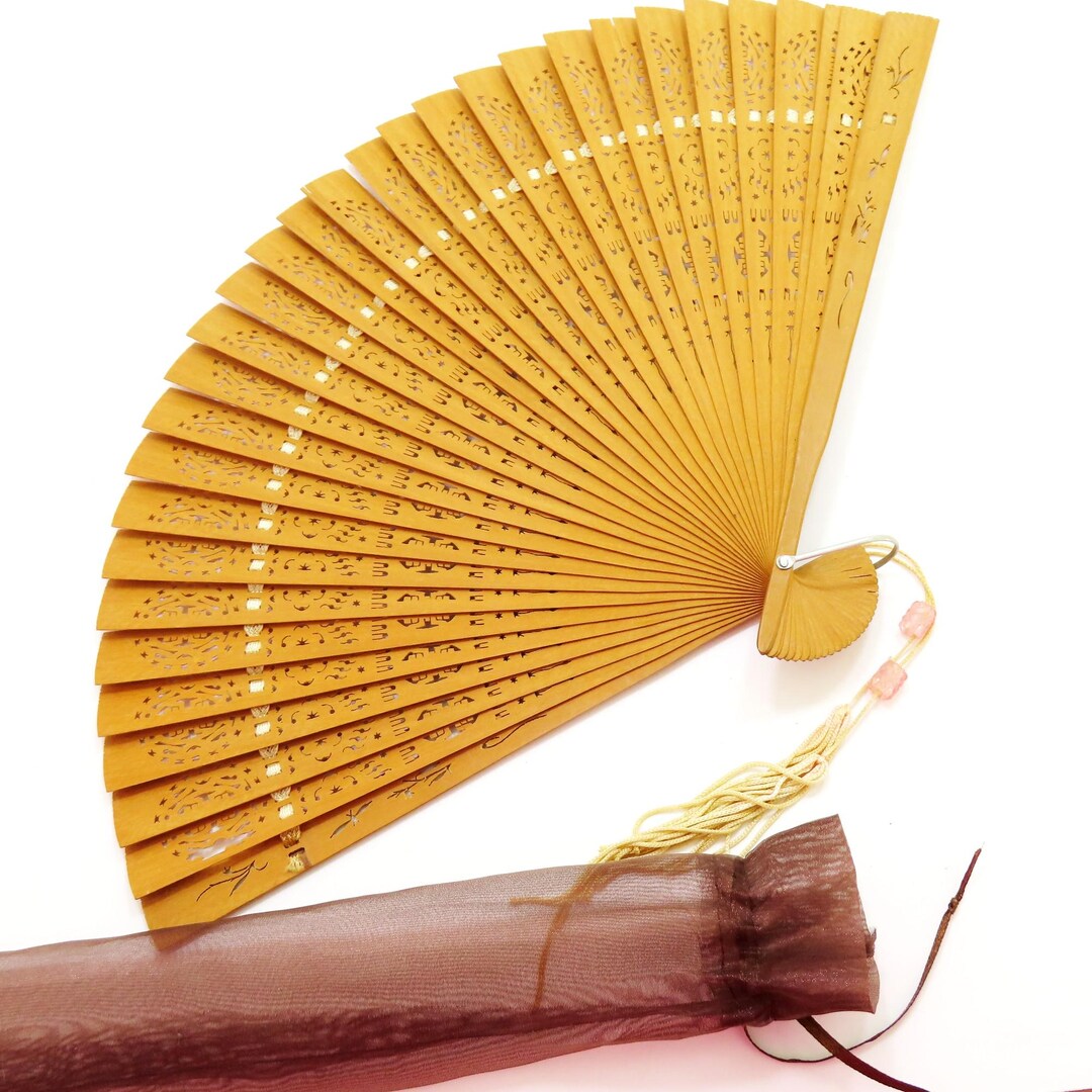 Fancy Teak Folding 9 Fan, Gold Teak Folding Hand Fan, Teak Wood Hand ...