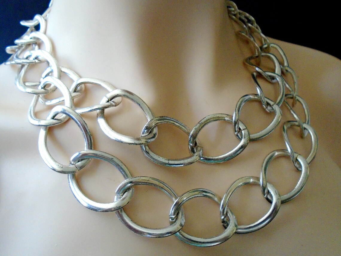 CROWN TRIFARI Big Silver Chain 2 Strand Necklace, Vintage Shiny Silver ...