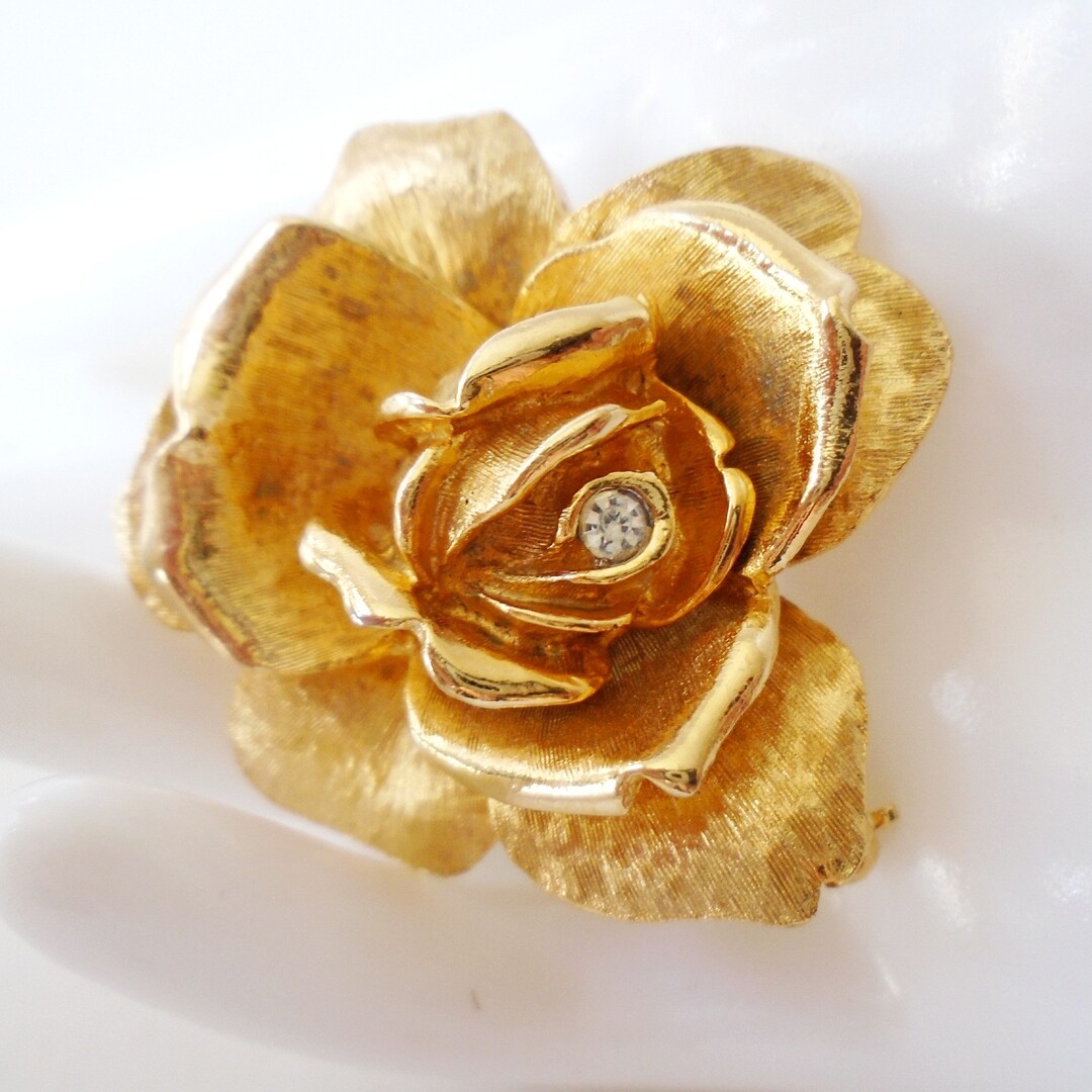 Gold Rose Rhinestone Sculpted Brooch, Vintage Gold Rhinestone Rose ...