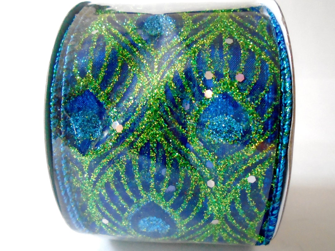Blue and Green Sparkle Peacock Sheer Ribbon, NOS 2 1/2 Inch 10 Yds ...