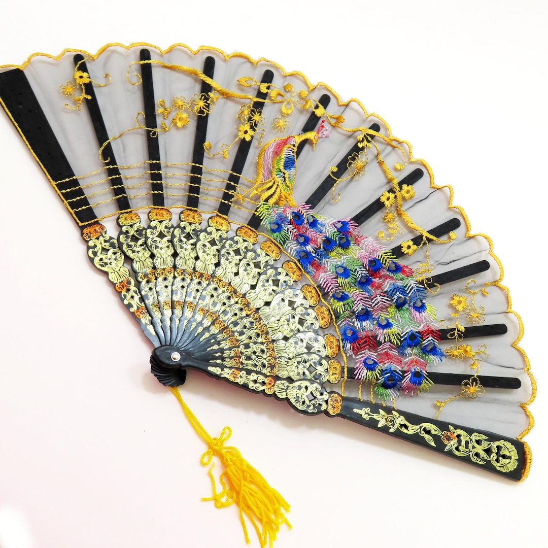 Embroidered Black Lace Fabric 10" Fan, Gold Peacock Folding Fan in Box ...