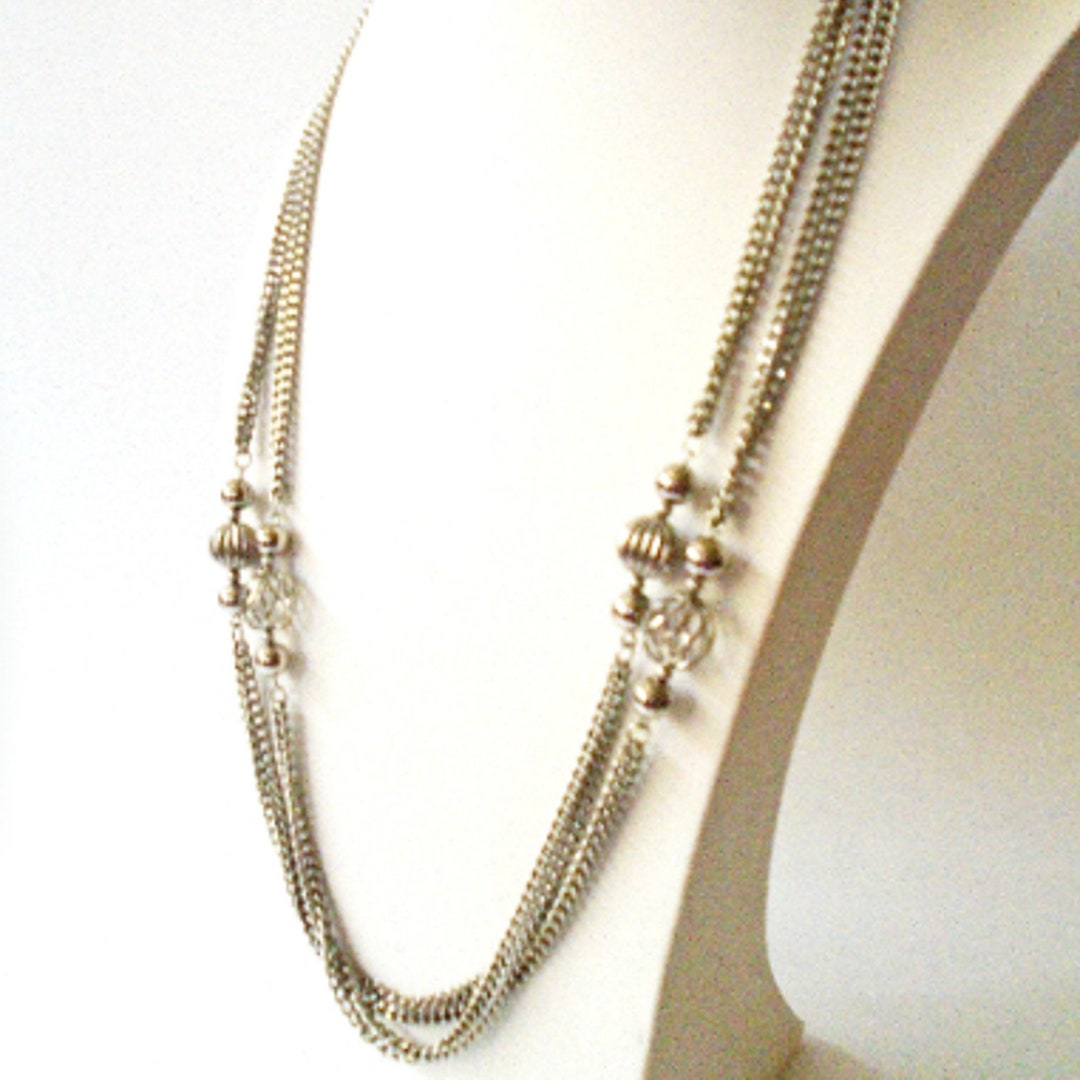 Silver Chain Station Necklace, 56 Inch Heavy Double Silver Chain ...