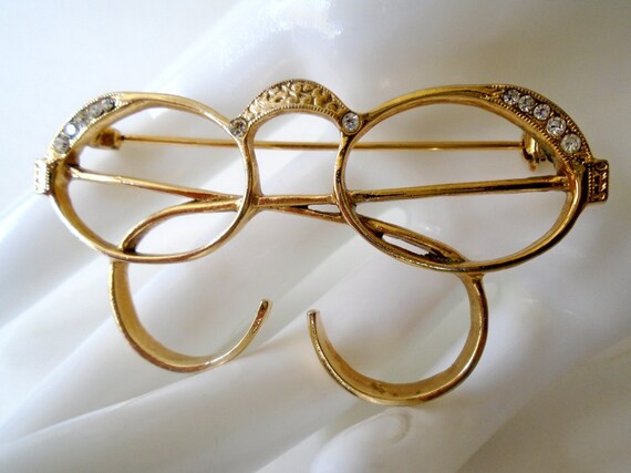 Vintage Gold Eyeglasses Brooch Gem