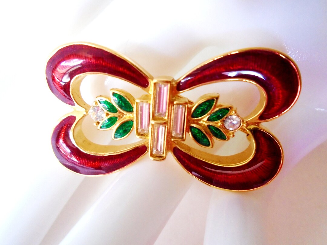 Monet Red Christmas Bow Brooch Vintage Monet Guilloche Enamel - Etsy