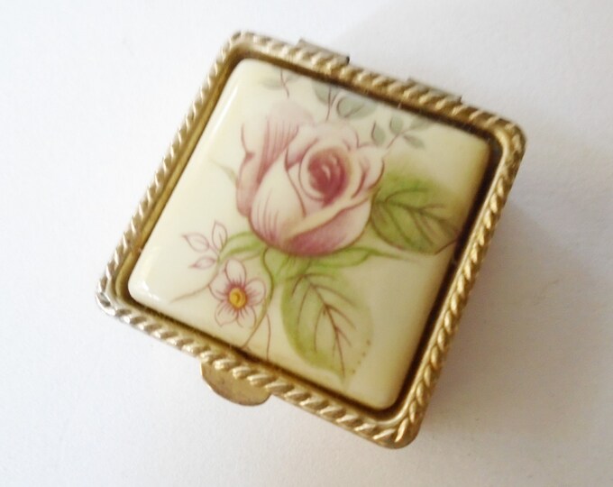 Brass Pink Rose Pill Box, Vintage Pill Box, Lucite Flower Hinged Pill ...