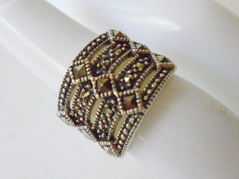 Open Bands 925 Silver Marcasite Ring, Signed 925 Silver Marcasite Bands ...