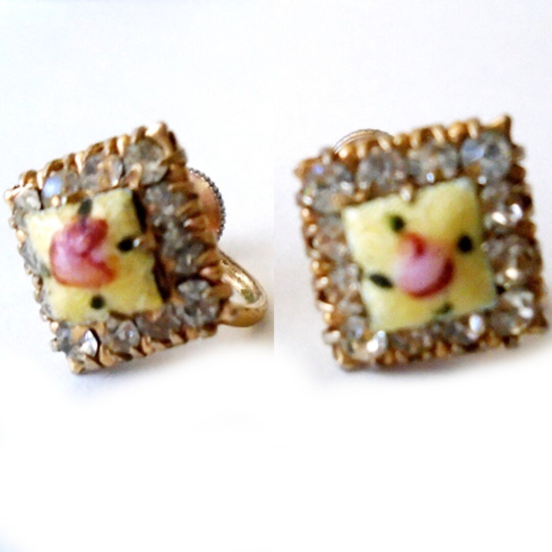 Enamel Flower Inset Rhinestone Art Deco Earrings, 40's Rhinestone Pink ...