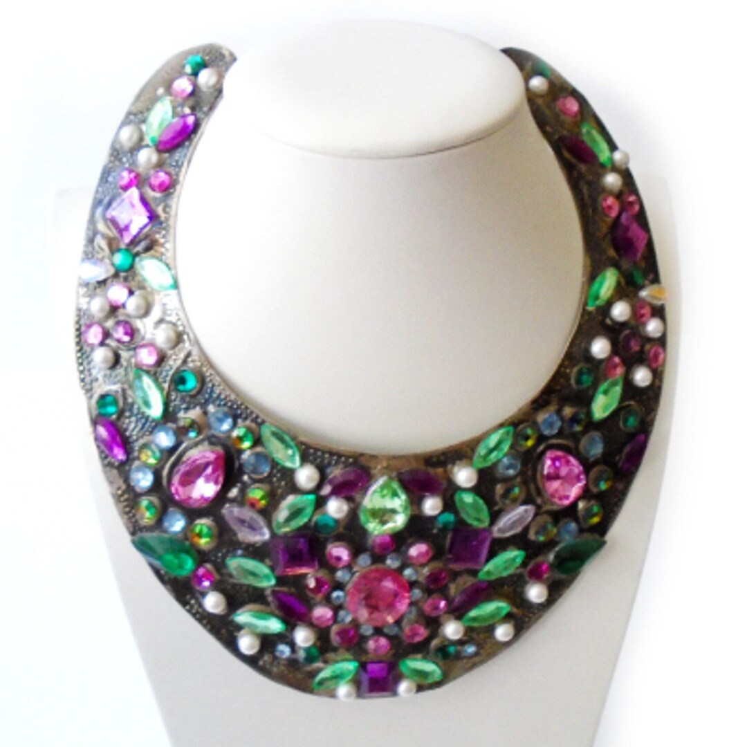 Embossed Silver Plated Jeweled Collar Necklace, 80's Jeweled Floral ...