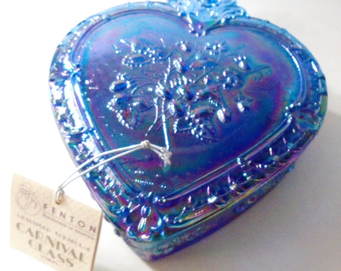 FENTON Blue 8 INCH Carnival Glass Covered Heart Box, Fenton Wild ...
