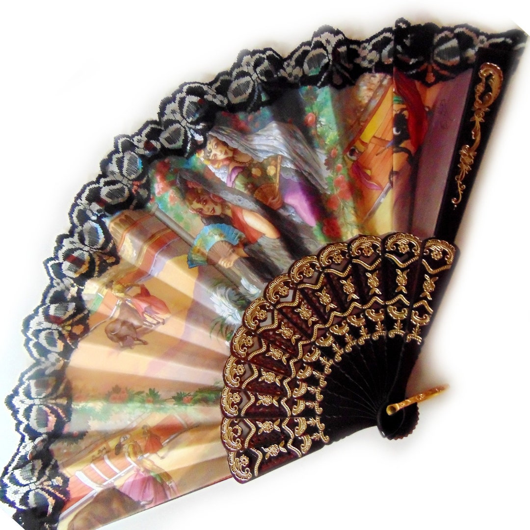 Black Lace Fabric 10" Fan, Spanish Bullfighting Scene Folding Fan, Gilt ...