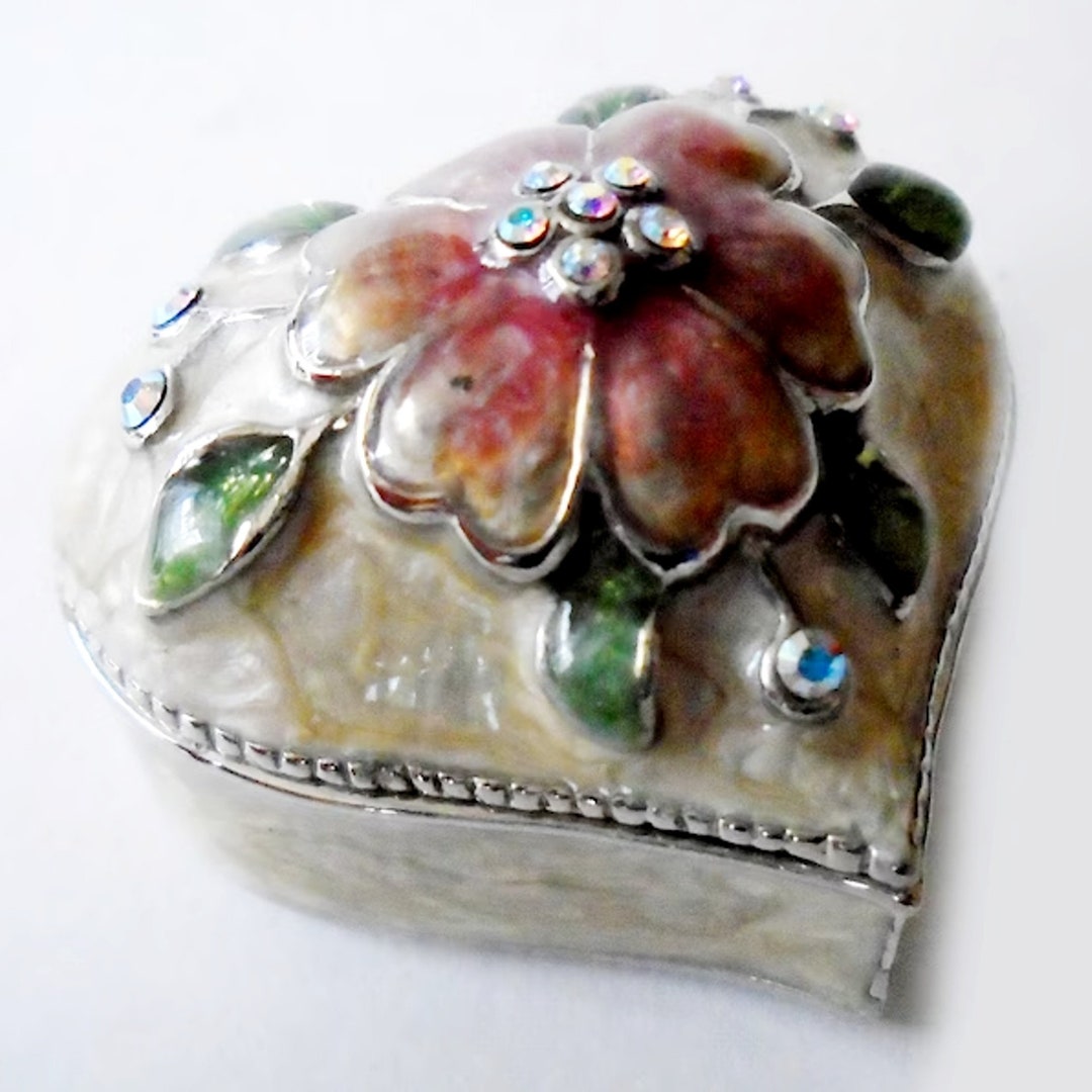 MONET Guilloche Enamel Pink Flower Heart Trinket Box, Monet Heart Shape ...