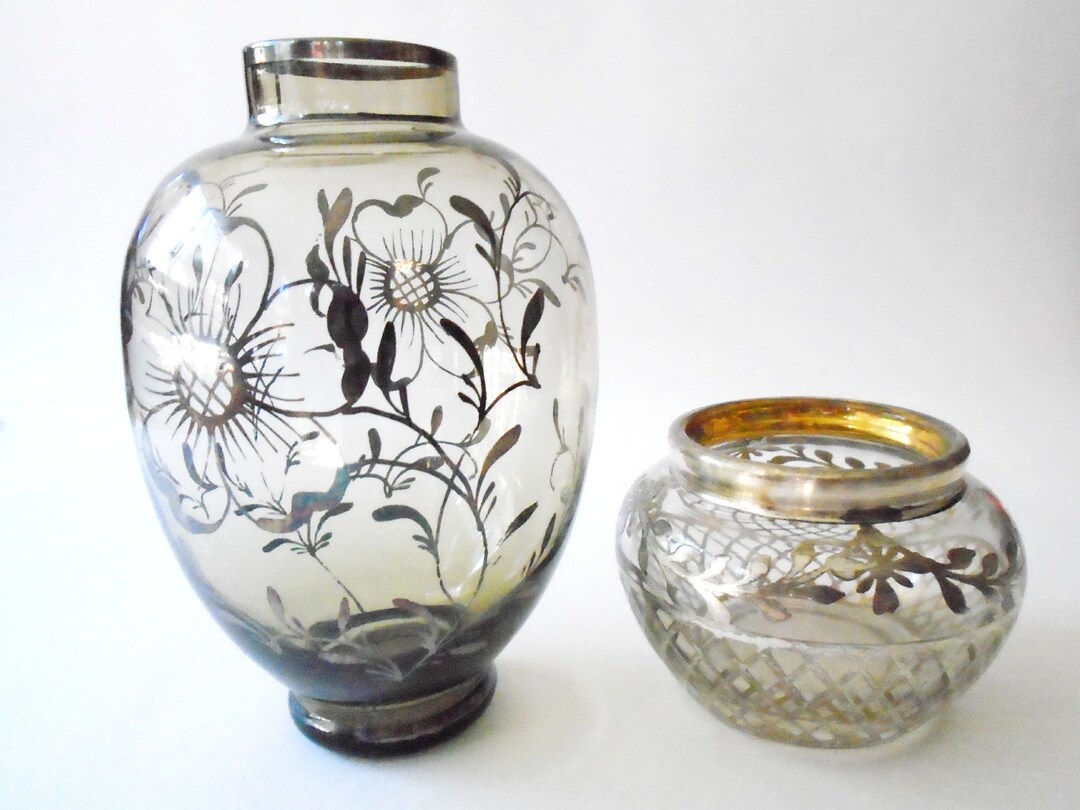 Vintage Silver Overlay Crystal Vases, Heavy Silver Overlay Crystal Bowl ...