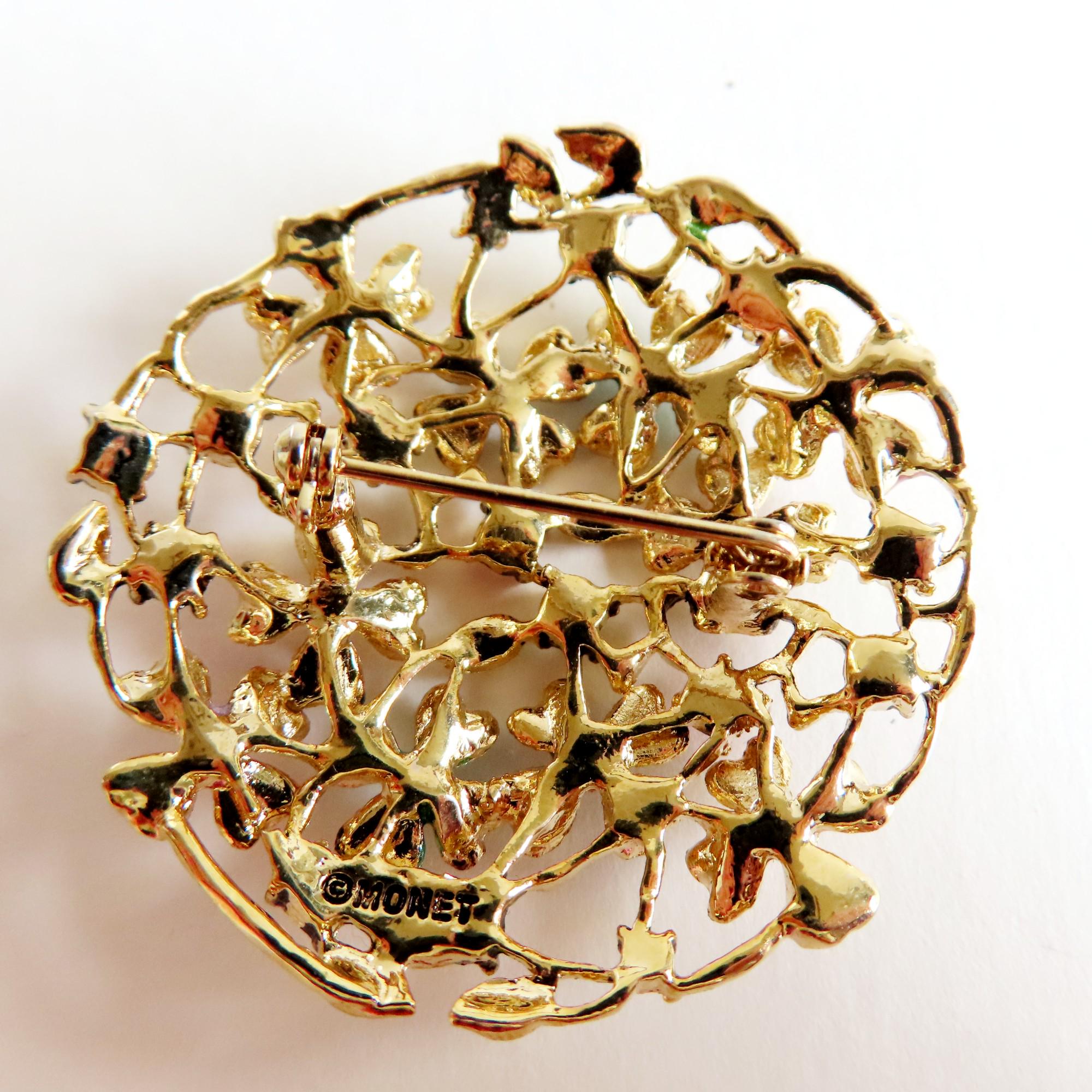 MONET Enamel and Rhinestone Crystal Flower Dome Brooch, Beautiful ...