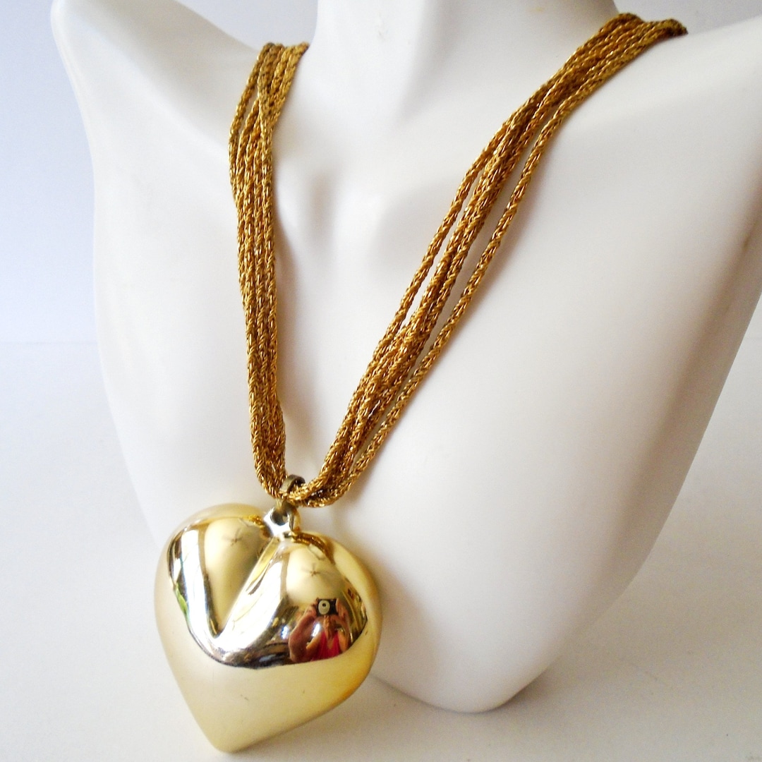 Five Strand Gold Puffy Heart Pendant Necklace, High End Gold Heart ...