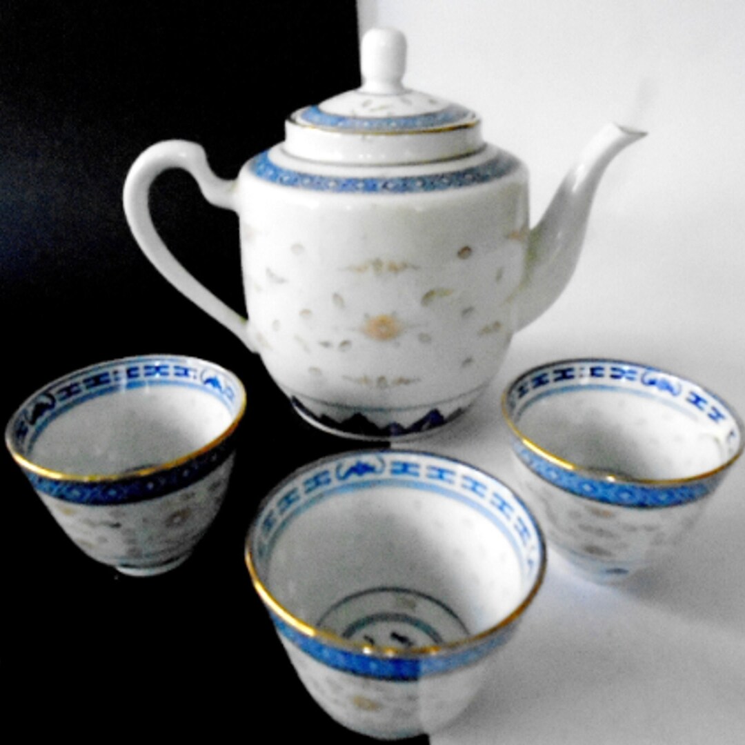 Vintage Blue and White Rice Grain China Tea Set, Vintage Chinese ...