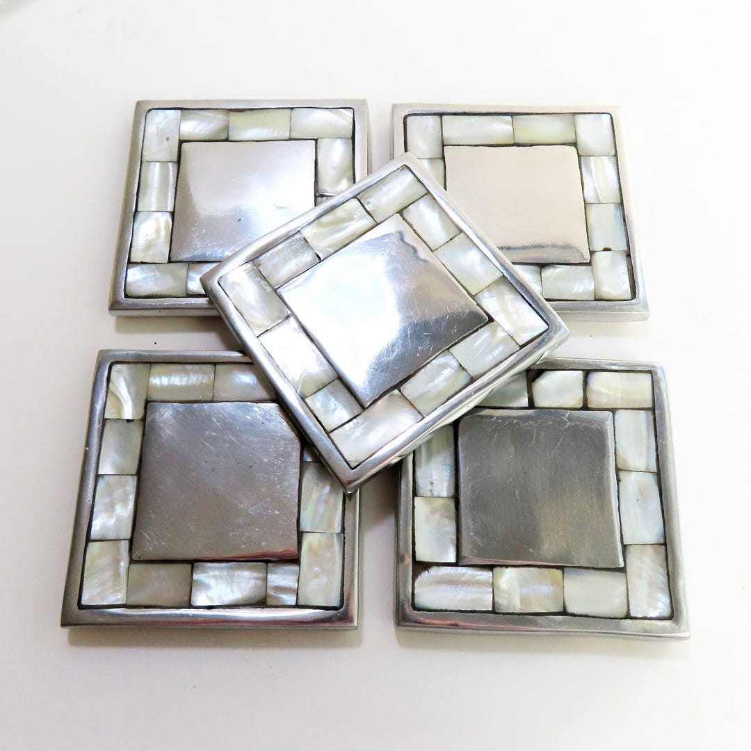 Abalone Mosaic Silver Metal Coaster Set, Mosaic Edge Silver Coasters ...