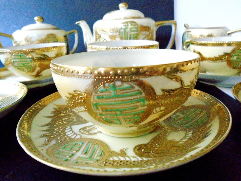 Antique Moire White Dragonware Tea Set Blue Dragon Trademark - Etsy