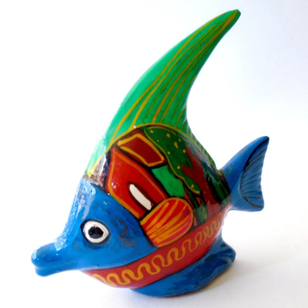 Vintage Mexican Painted Clay Fish Figures, Handmade Colorful Fish Made ...