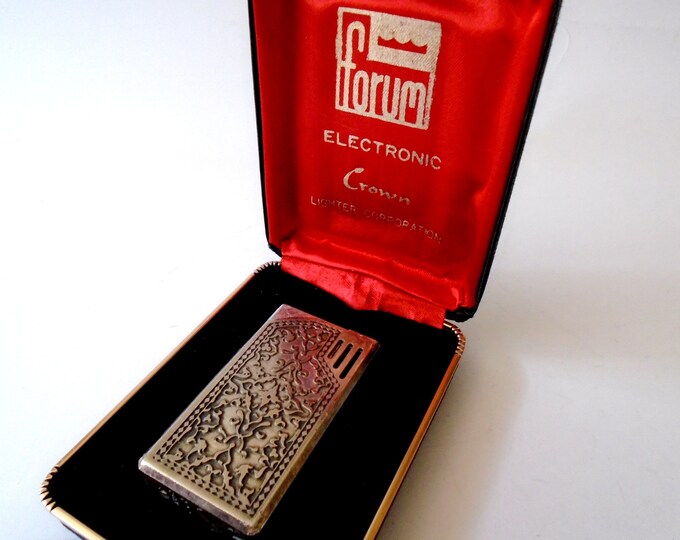 Vintage Crown Forum Electronic Lighter, 70's Silver Etched Lighter ...