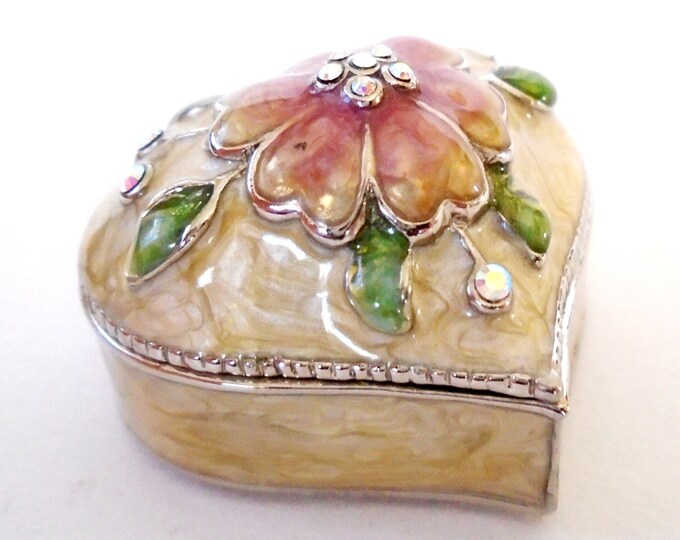 Monet Guilloche Enamel Pink Flower Heart Trinket Box, Monet Heart Shape ...