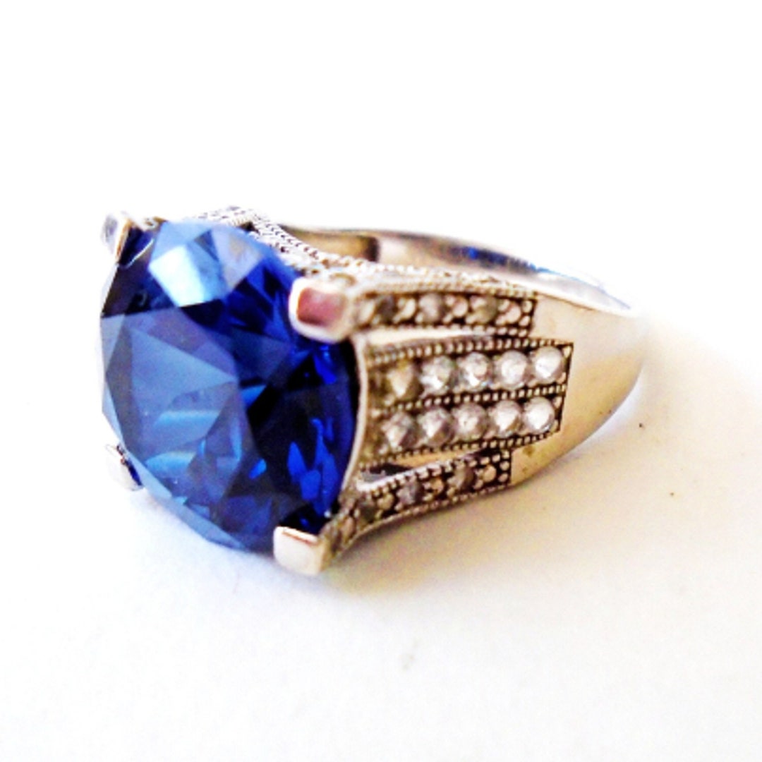 Blue Round CZ 925 Silver Ring, Blue CZ 925 Silver Cathedral Ring SZ 10 ...