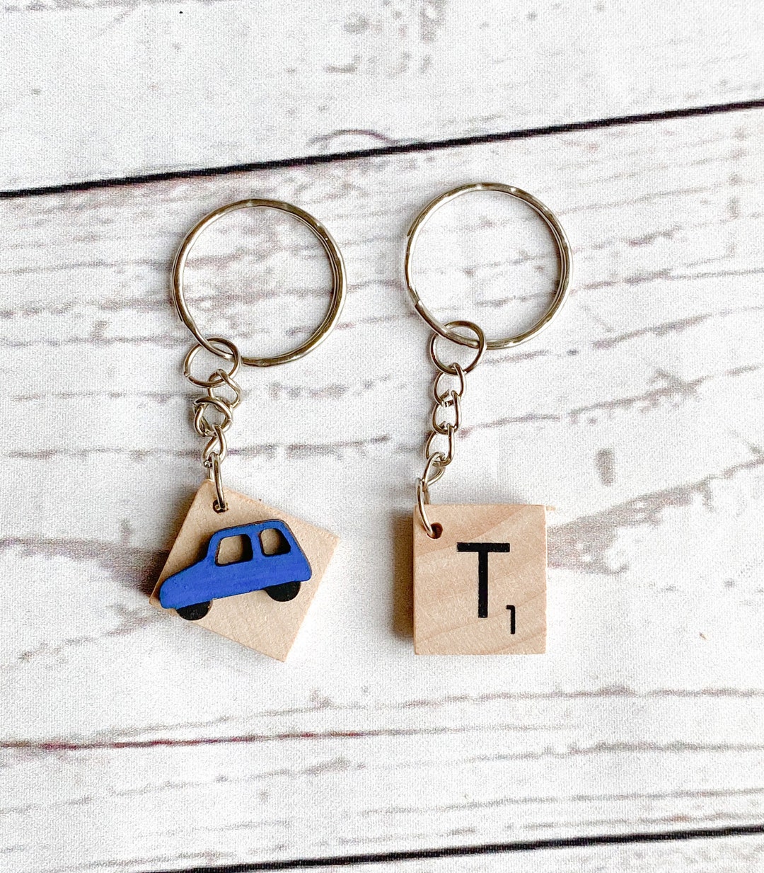 Letter Tile Keyring With Painted Blue Car Embellishment on Back ...