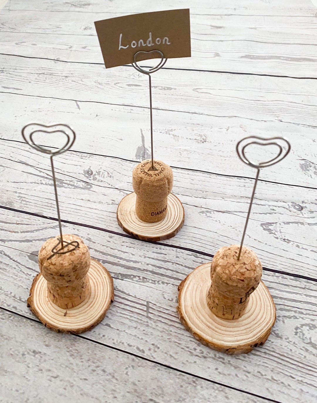 Cork Table Sign Holders - Made From Champagne Corks and Wood Slices ...