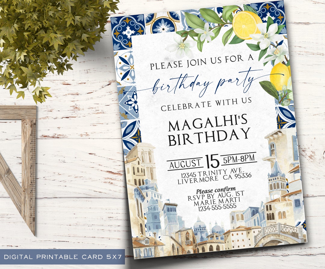 Mediterranean Invitation Blue Tiles and Lemon Greek Talavera - Etsy
