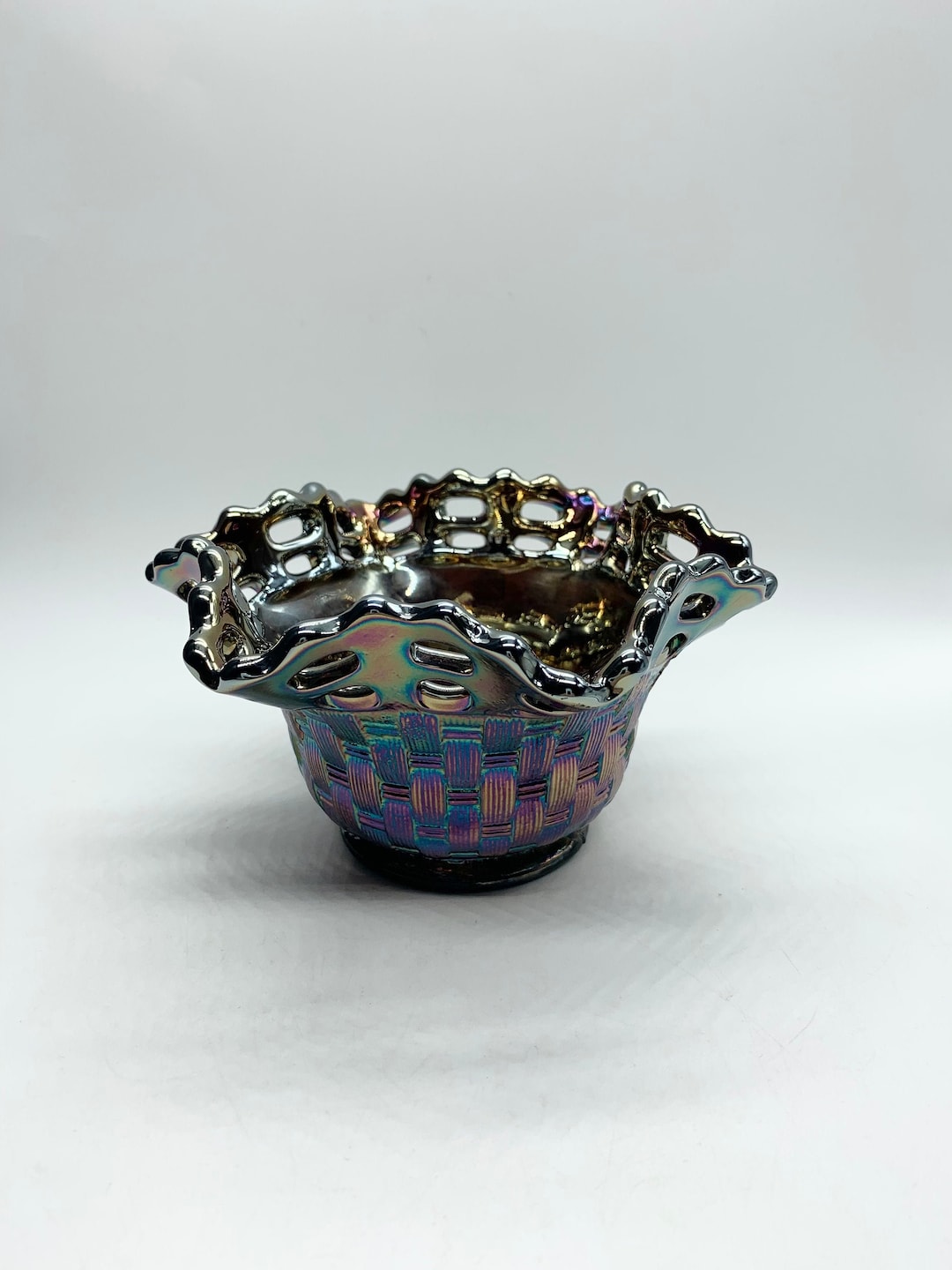 Carnival Glass Basket Weave Bowl