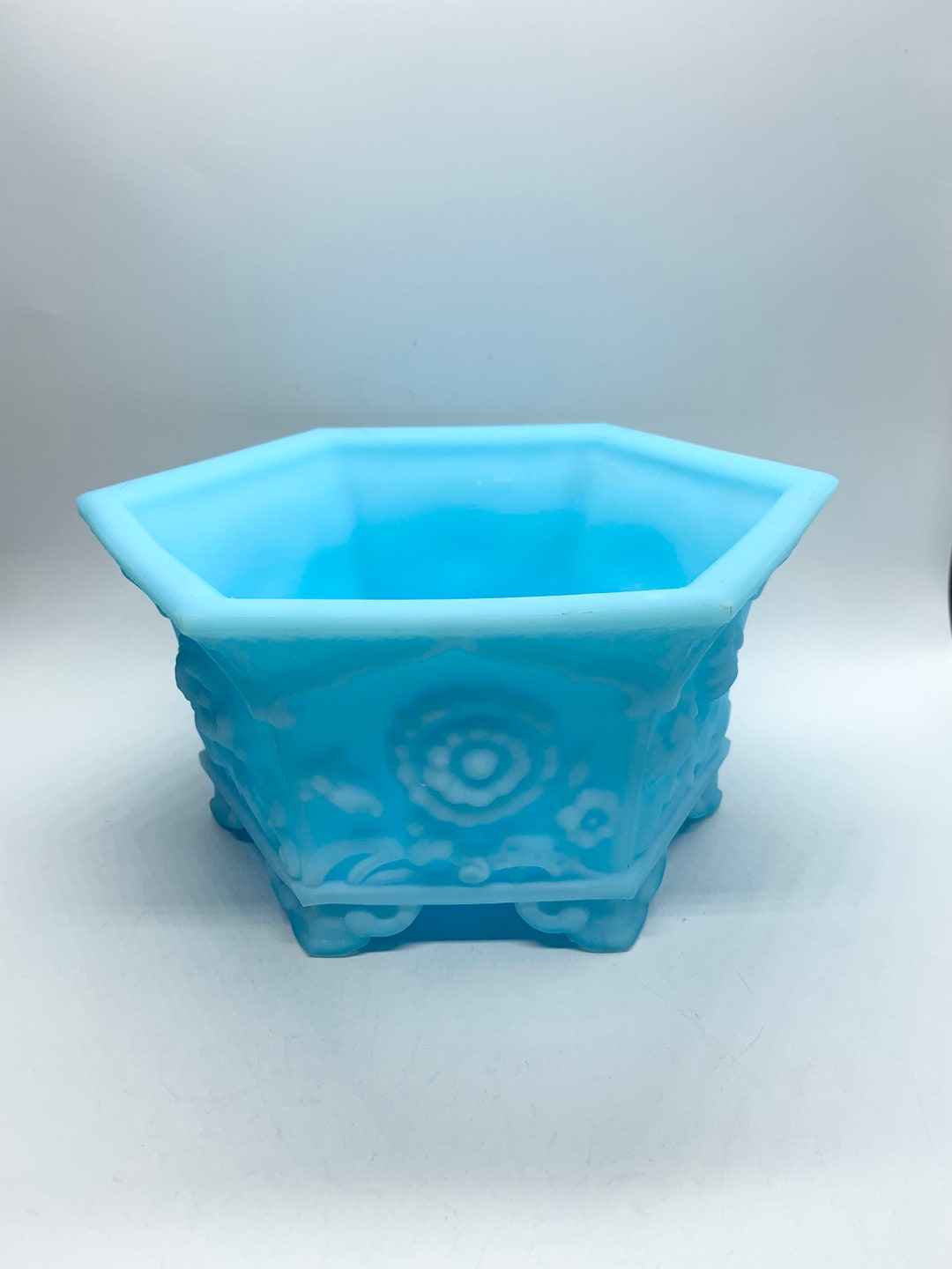 Fenton Blue Satin Glass Planter Bowl - Daisy or Chrysanthemum Pattern ...