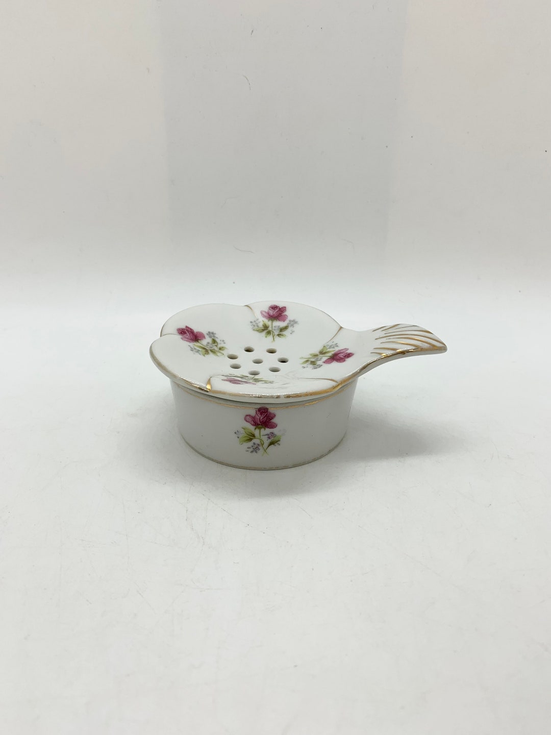 Two Piece Tea Strainer - Porcelain Tea Strainer - Pink Roses and Gold ...
