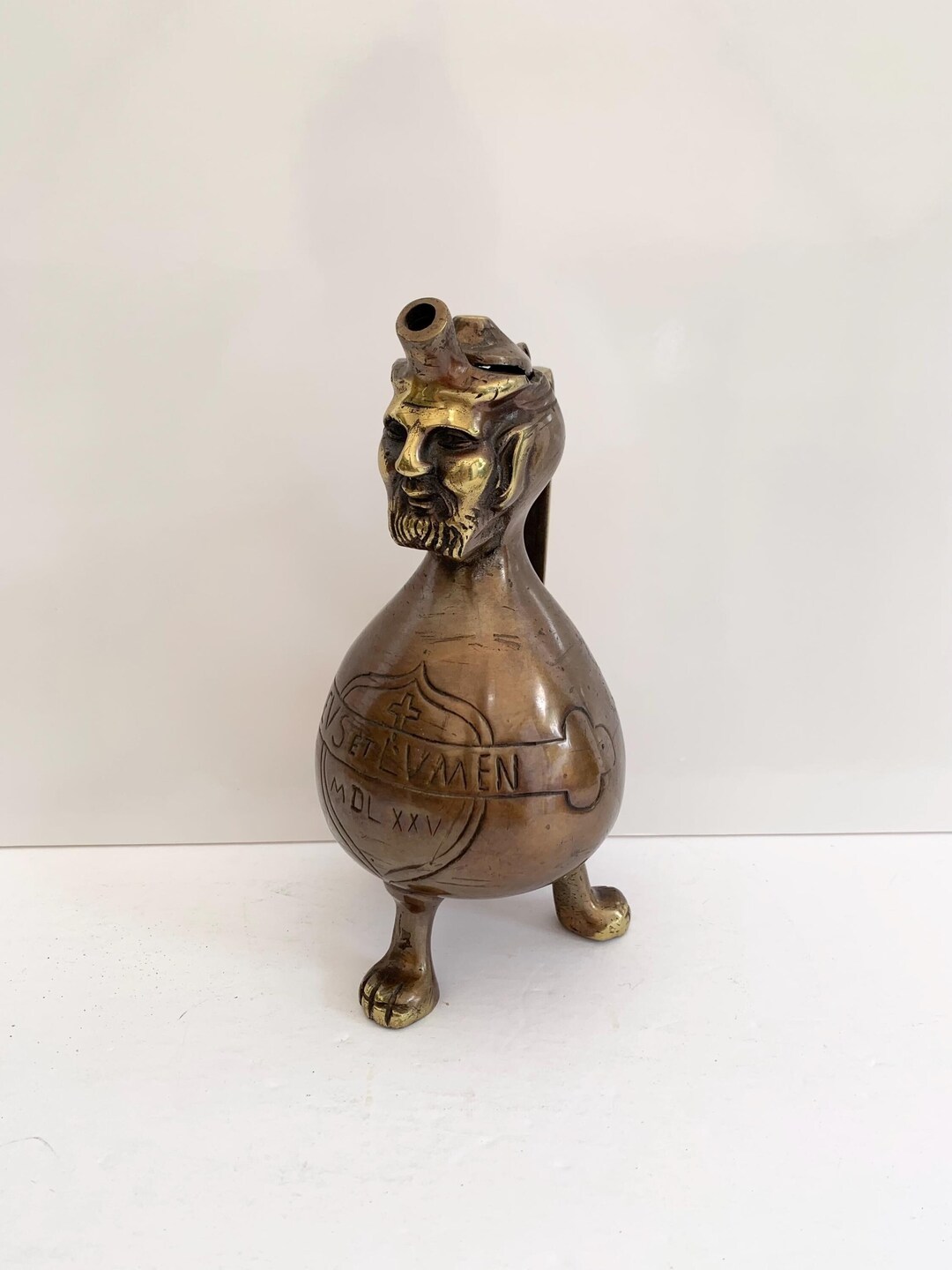 Bronze/brass (?) Holy Water Pitcher - Aquamanile - Horned Demon Head ...