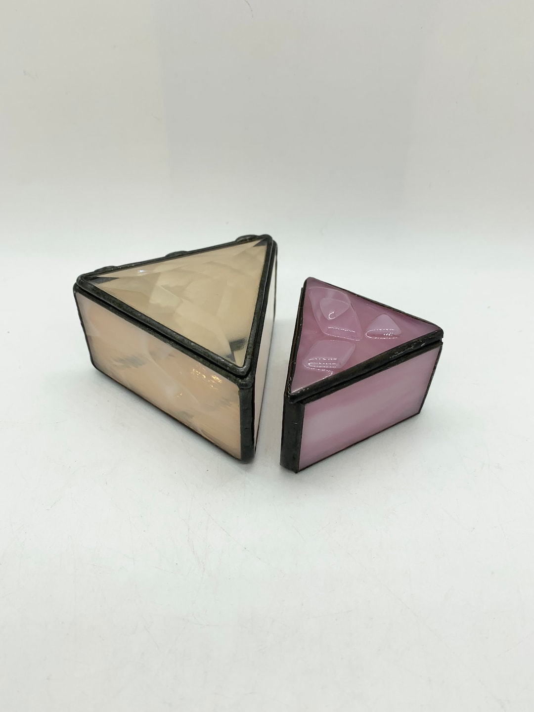 Pair of Stained Glass Trinket Boxes Triangle Shaped Hinged Glass Boxes ...