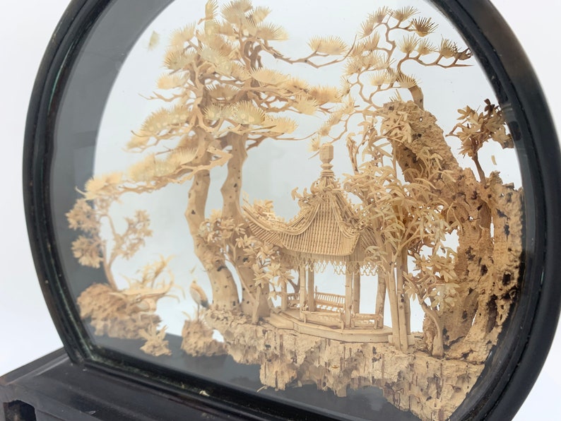 Hand Carved Cork Diorama - Asian Art - Ruanmu Hua - Cranes - Pagoda ...