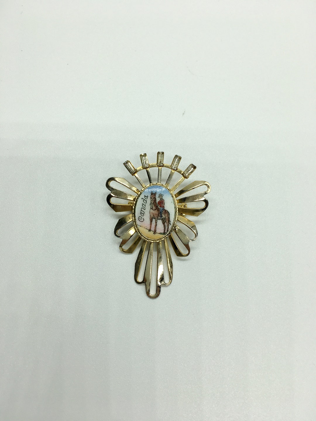 Enamel RCMP Picture on Gold Tone Brooch With Crystals Canada Souvenir ...