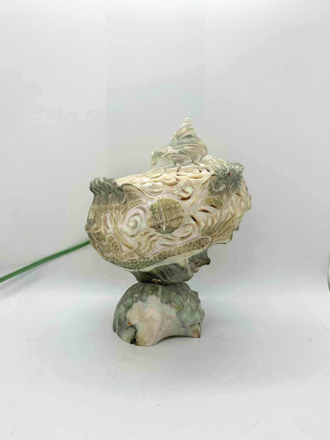 Carved Conch Shell Table Lamp - Signed - Double Dragon Lamp - Mother of ...
