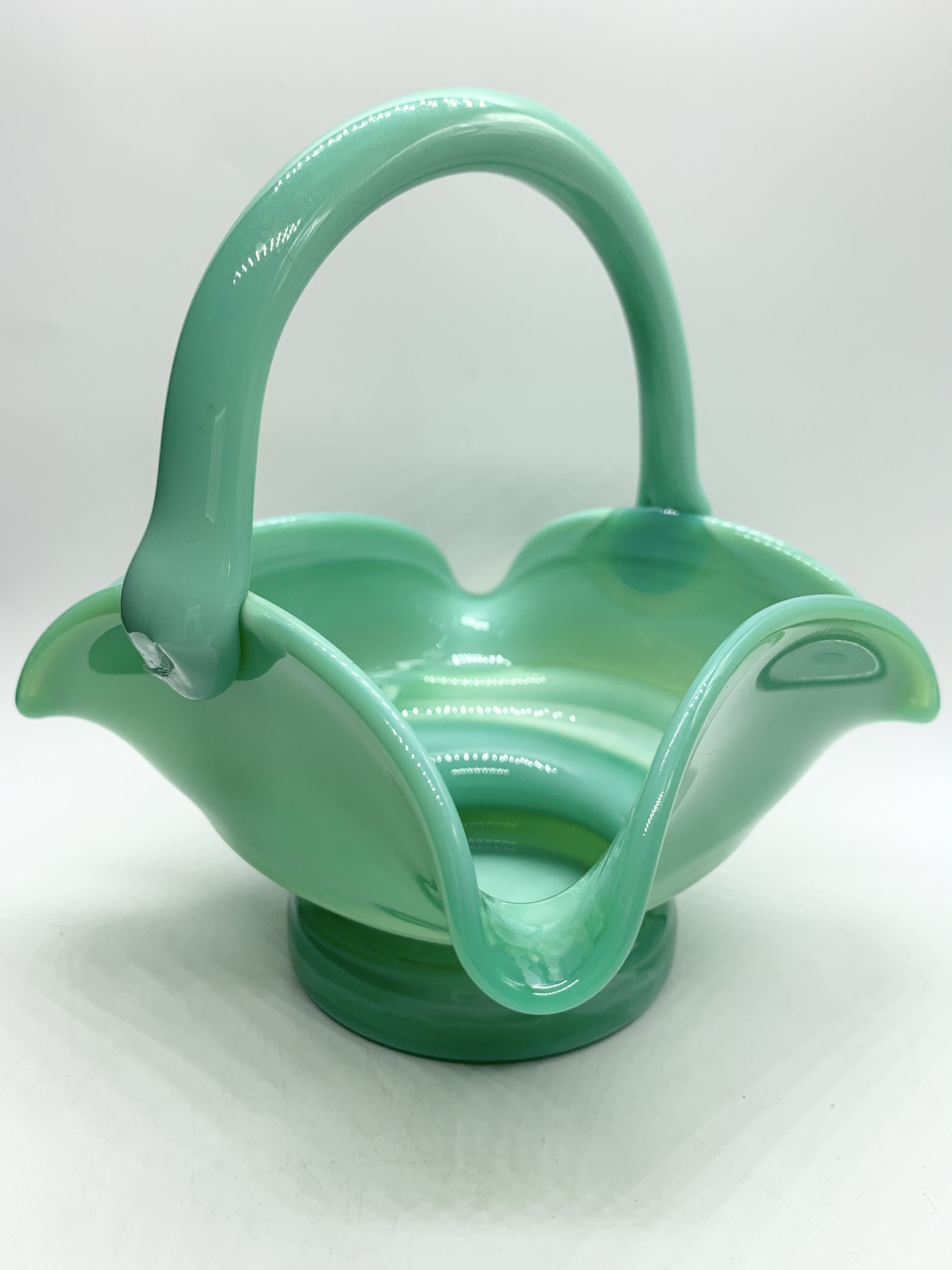 Altaglass Basket - Hand Made Green Slag Glass - Applied Handle ...