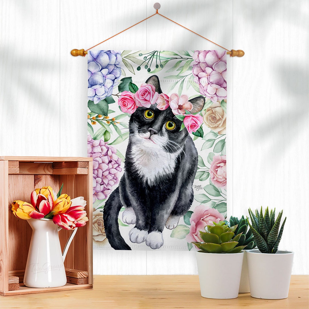 Floral Tuxedo Cat Garden Flag Outdoor Decorative Yard House Banner ...