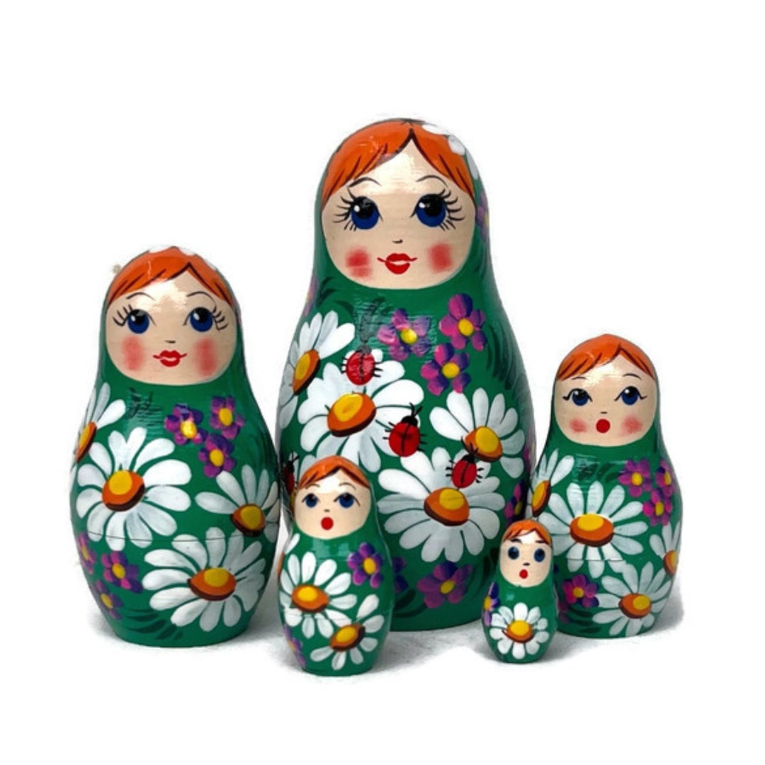 Handmade Nesting Dolls: Green Chamomile Flower Wooden Toy (5-piece Set ...