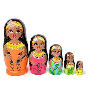 Handmade African American Black Skin Nesting Dolls, Set of 5, Hand ...