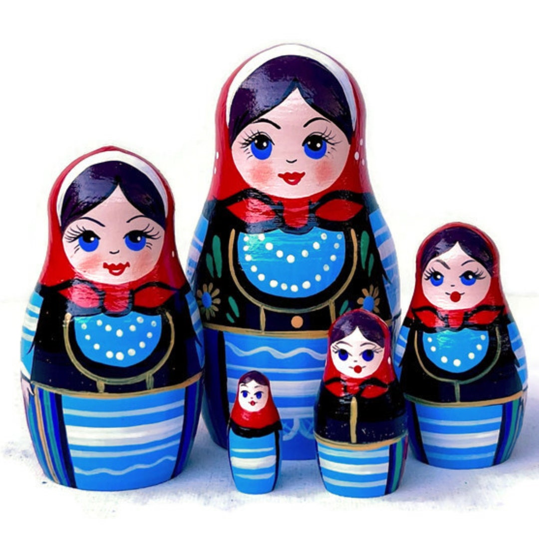 Traditional Blue Babushka Nesting Dolls Handmade Wooden Set, Perfect ...