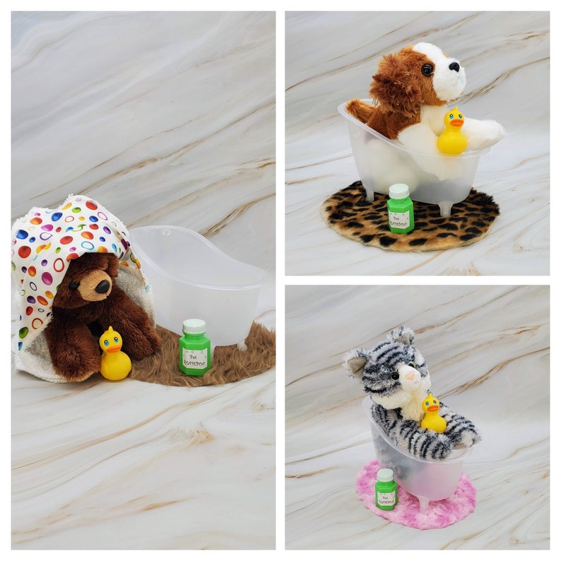 Doll 5pc Pet Grooming Station Bath Tub Set Hooded Towel Rug Toy Pretend ...