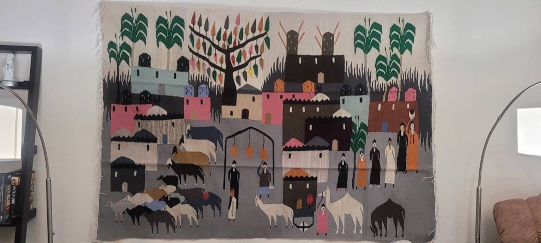 Handmade Egyptian Wool Tapestry – Village Life Wall Hanging (80x56 ...