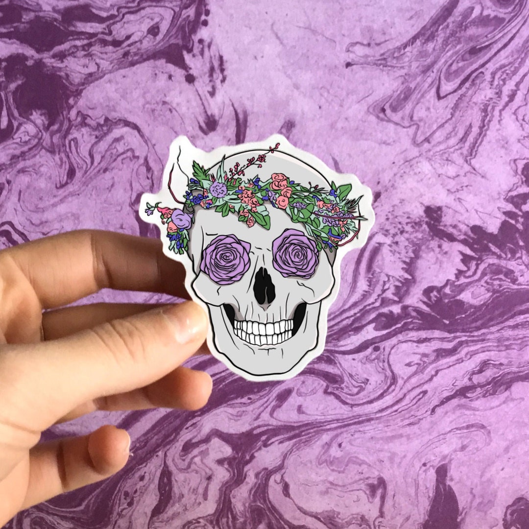 Flower Skull Vinyl Sticker | Cute Aesthetic Skeleton Flower Rose Crown ...