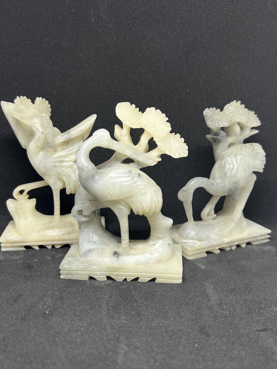 Chinese Soapstone Figurines Set of 3 Storks & Flower Lotuses in White ...