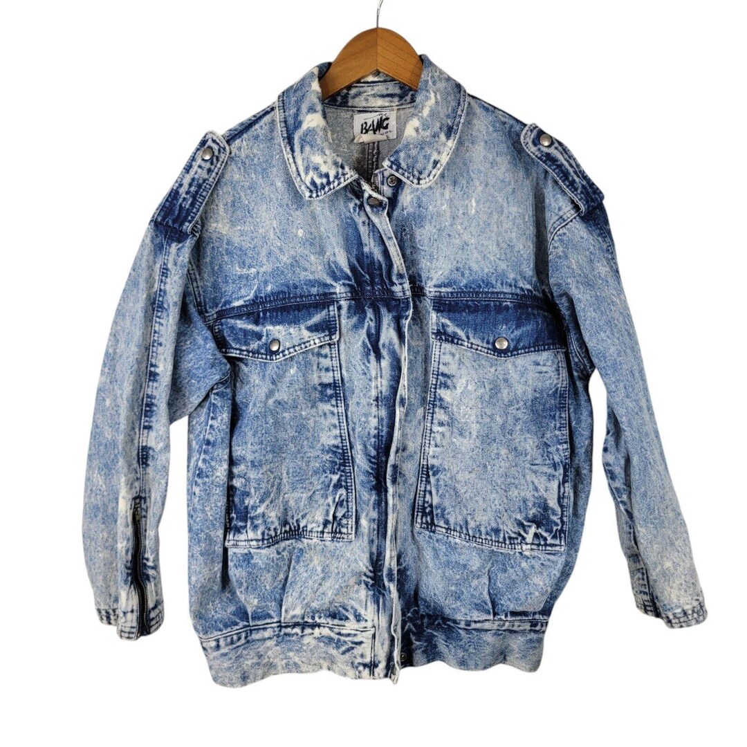 Vintage 80s Jean Jacket Acid Wash Denim Trucker Distressed Size Small ...