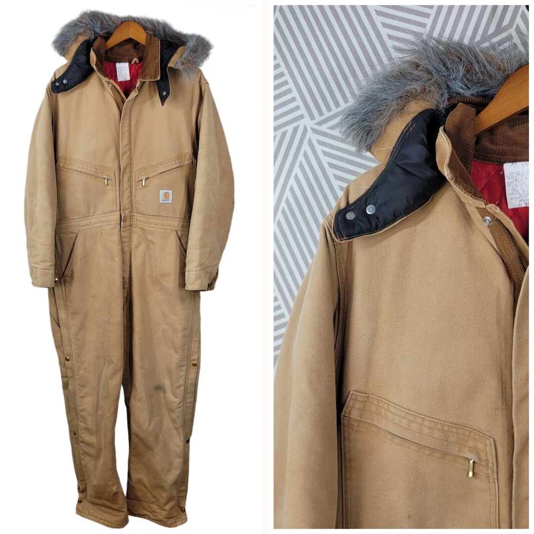 Vtg Carhartt Coveralls Union Made 44 Short Fur Trim Hood USA Insulated ...