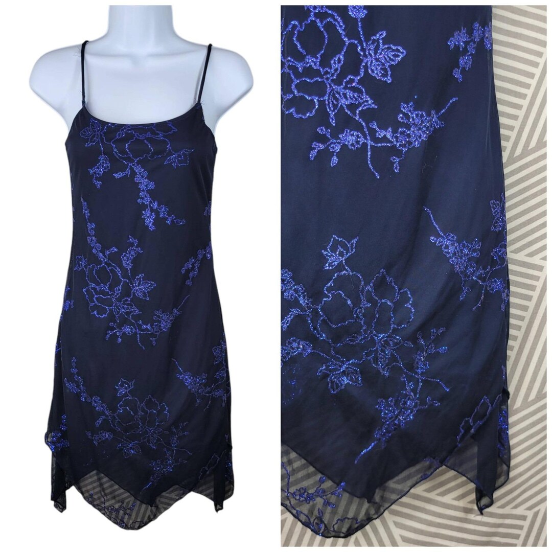 Vintage 90s Slip Dress Small Party Layered Stretchy Blue Floral Glitter ...