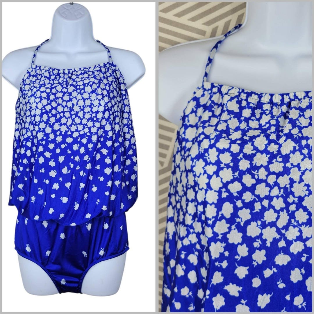 JC Penney Swimsuit Floral Halter Sz 10 12 80s 90s Vintage Geek Mom Blue ...